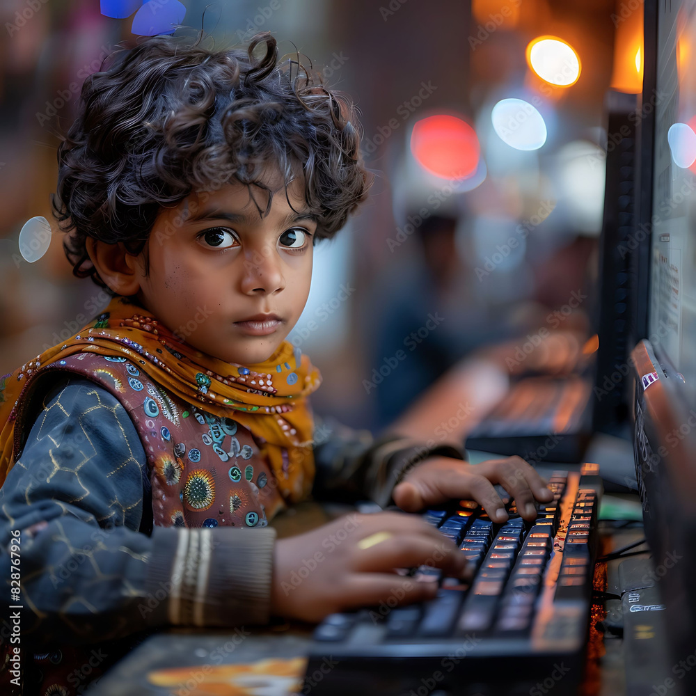 Indian child coding a computer program at a coding camp in New Delhi ...
