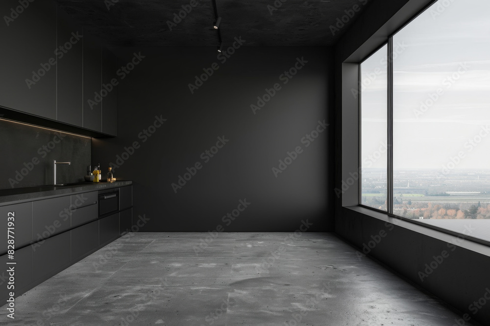 Corner view on dark kitchen room interior with cupboard panoramic ...