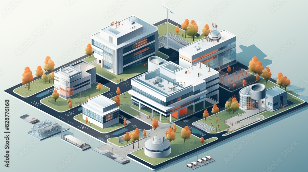 Isometric vector depiction of a high-tech research university with ...
