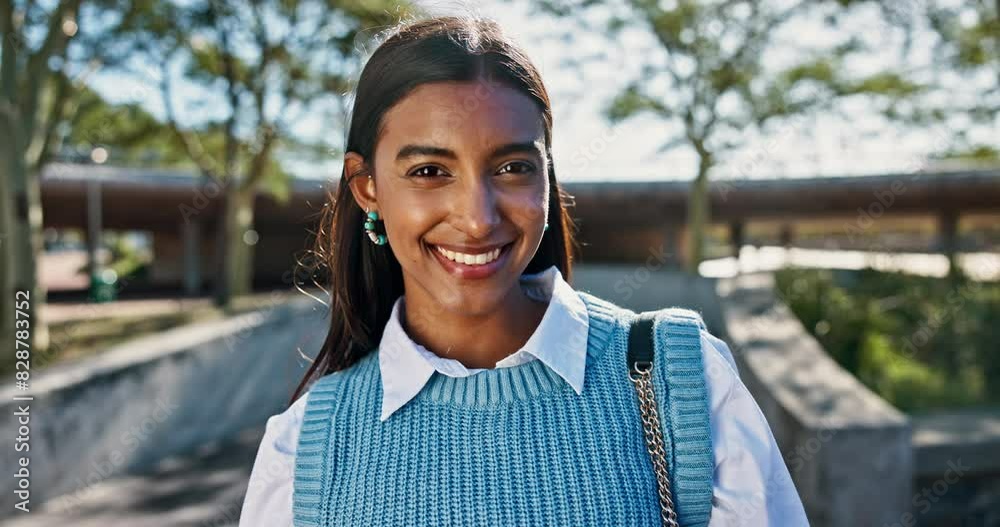 Indian woman, smile and urban for work as teacher, lecturer with ...