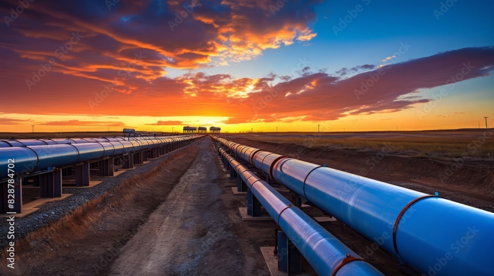 Pipeline construction site at sunset, rows of blue pipelines leading ...