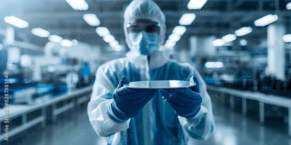 Lab technician holding silicon wafer in semiconductor manufacturing ...