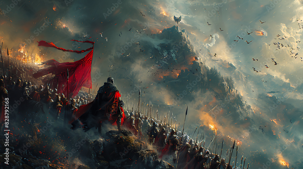 illustration of an epic battle scene between rival armies clashing on a ...