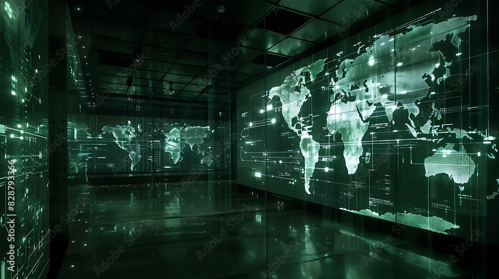 dark server room with holographic projections of global maps and data ...