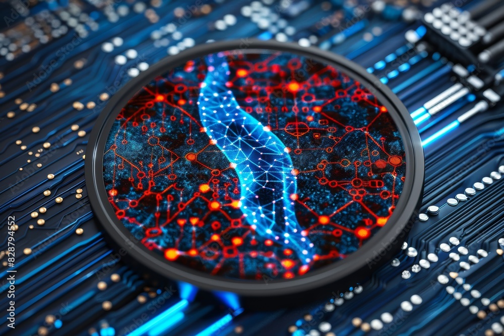 Detailed vector illustration of a digital DNA strand on a blue ...