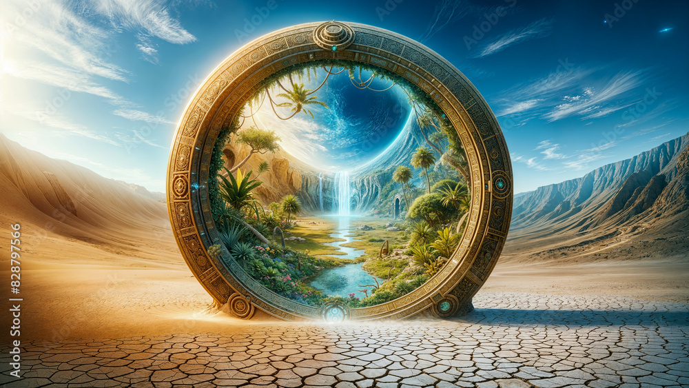 Heaven's Gate, mystical round portal in desert leads to lush, vibrant ...