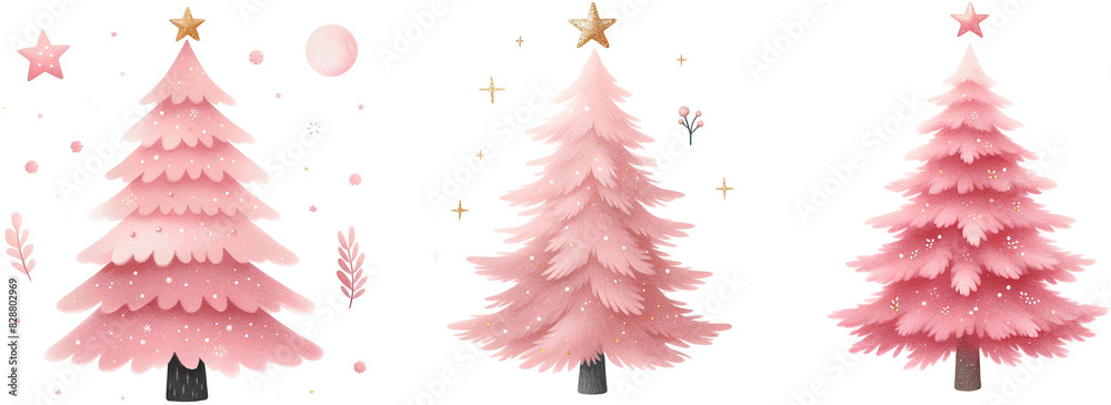 Watercolor pink Christmas tree clipart transparent background and gold ...