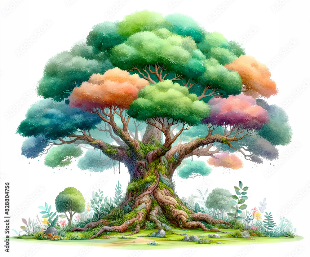 Watercolor colorful big tree clipart transparent background Stock ...