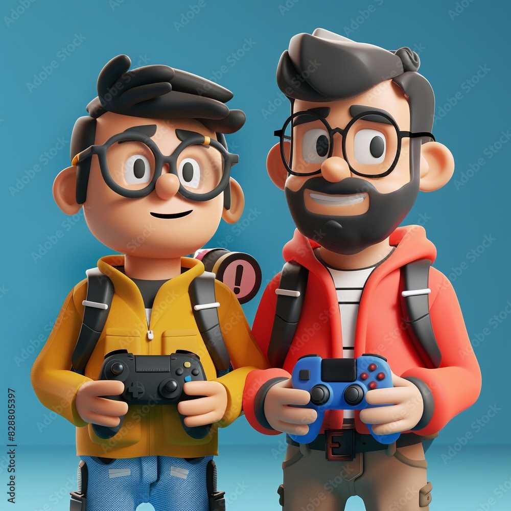 3d cartoon illustration of two player gaming, friends icon for game ui ...