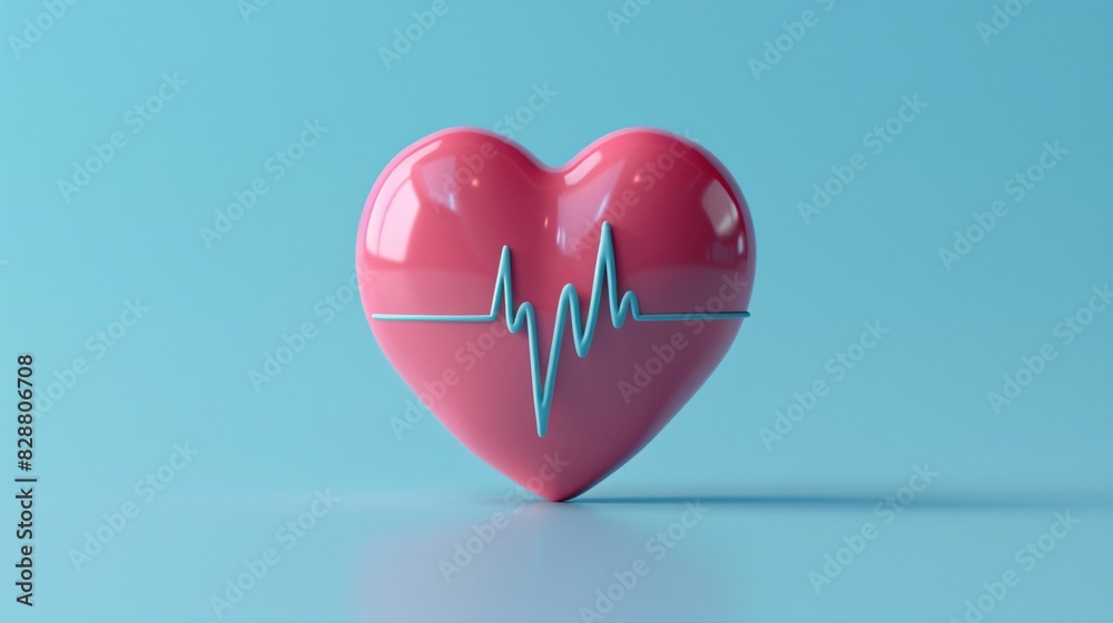 3D pink heart with a blue heartbeat line on a blue background ...