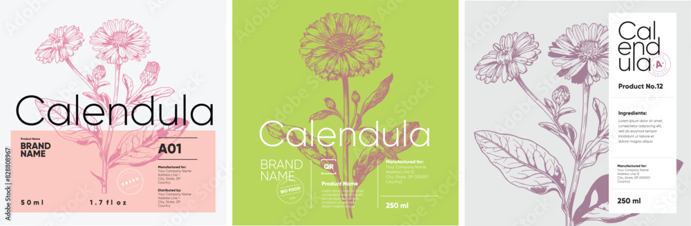 Three pastel-colored labels for calendula products, illustrated in a ...