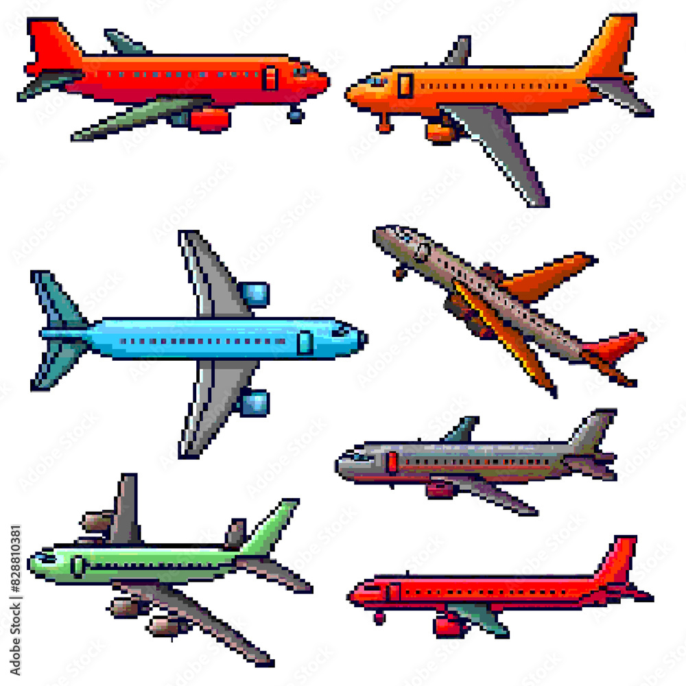 8bit pixel art set of icons for plane isolated on white background ...