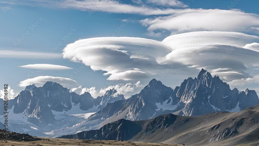 Layers of lenticular clouds hover above the towering peaks adding an ...