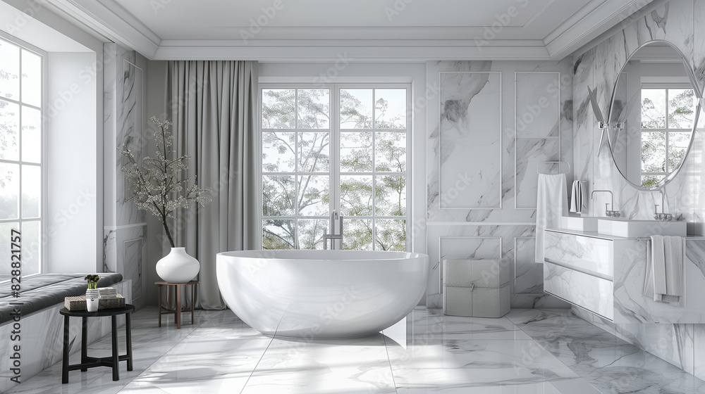 Perspective view of a luxurious bathroom with a freestanding tub ...