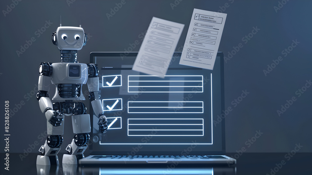 Close up of A Robot AI touching a checkmark icon floating on a laptop ...