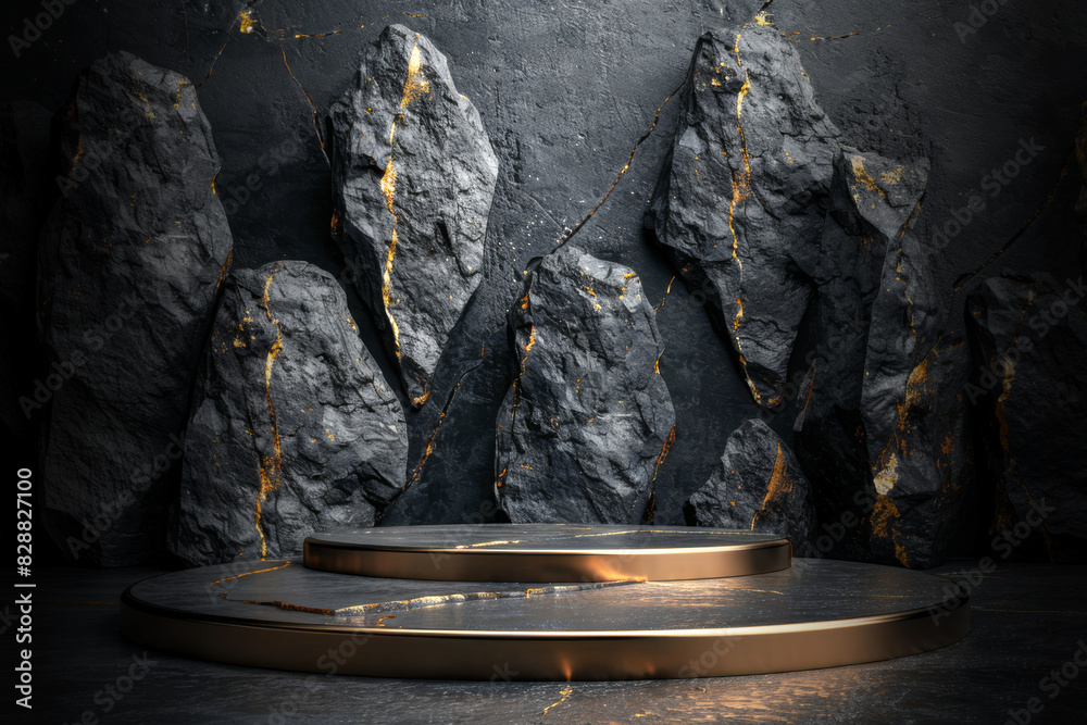 Podium for cosmetic product presentation, Black, and gold geometric ...