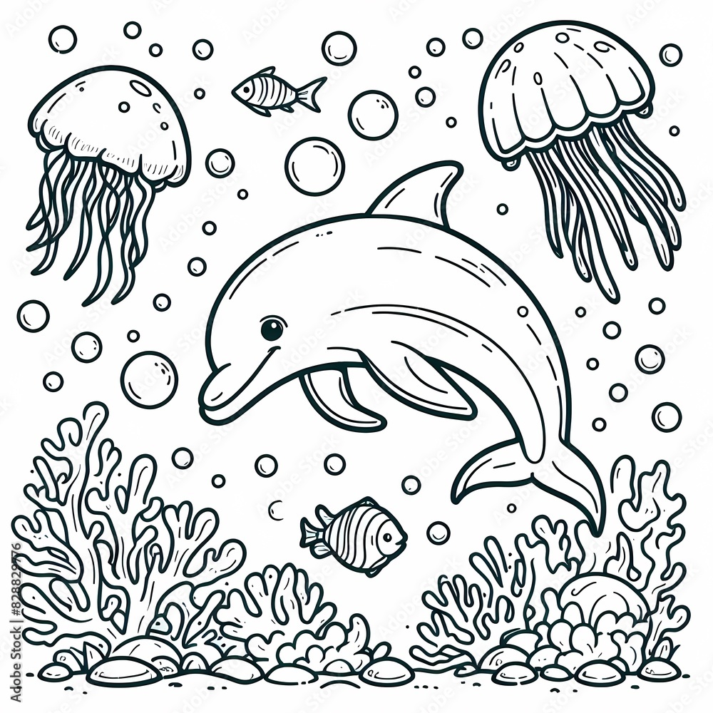 Dolphin and Jellyfish in Underwater Scene - Kids' Coloring Book Page ...