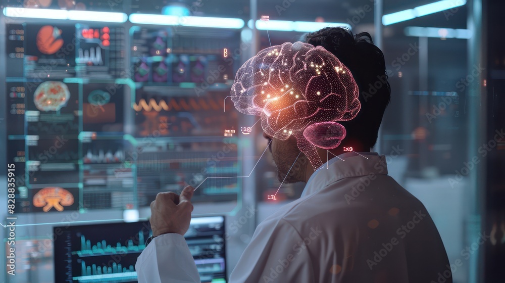 An animated scene of a virtual human brain with highlighted regions and ...