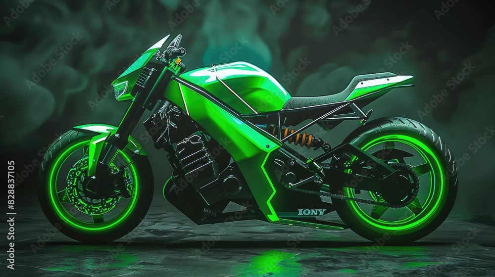 Motocicleta eléctrica de color verde vívido, vista lateral, fondo ...