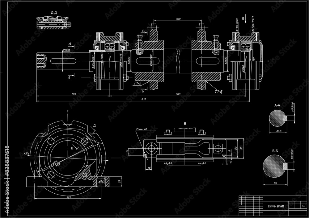 Assembly drawing of drive shaft with coupling. Vector cad scheme of ...