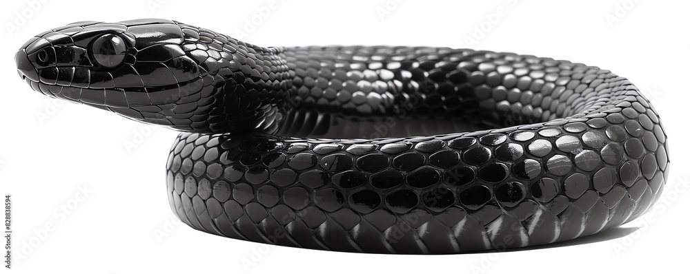 Close-up of a coiled black snake with shiny scales isolated on white ...