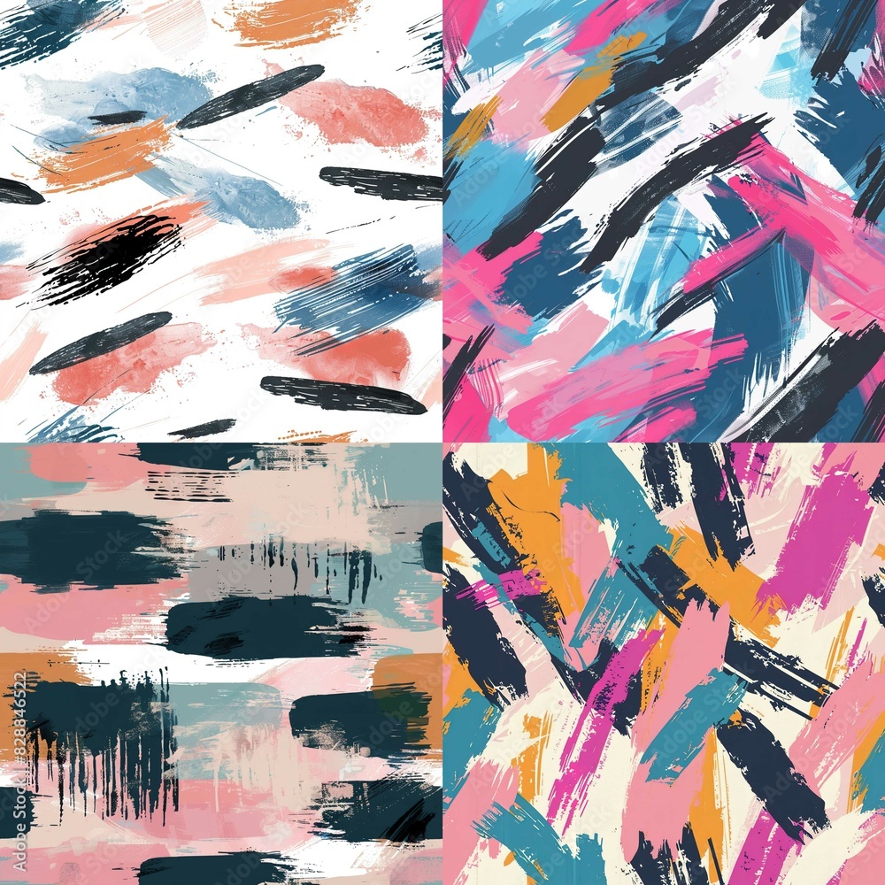 The image shows four separate abstract artworks, each with a unique ...