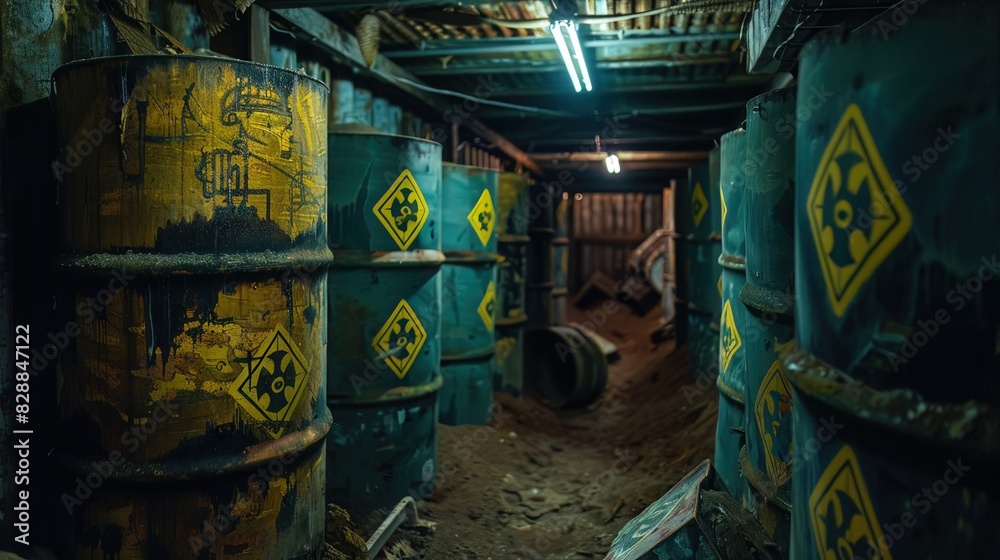 An underground bunker filled with old, dusty chemical weapon canisters ...