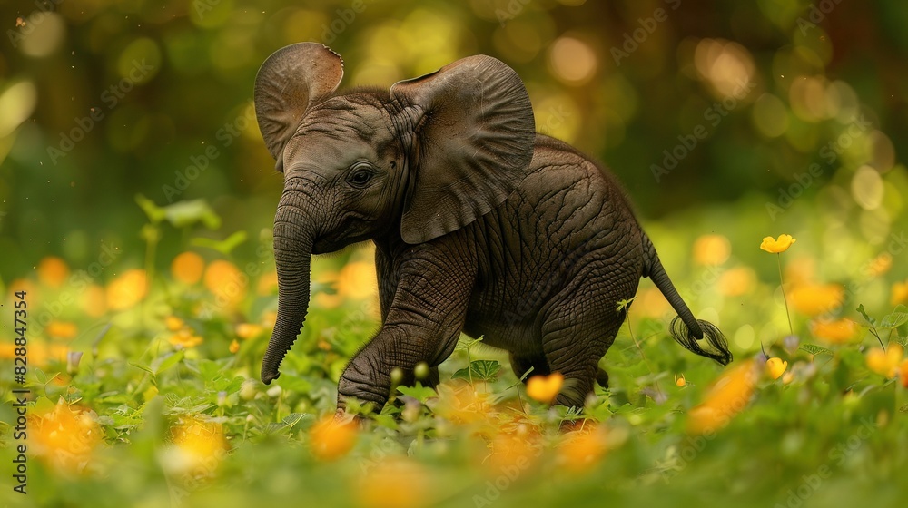 Baby elephant taking its first steps on a grassy field, with ample ...