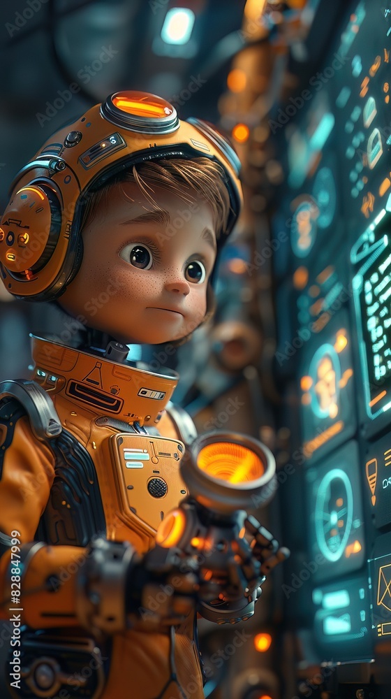 Cartoon kid programming a 3D robot, tech education setting, perfect for ...