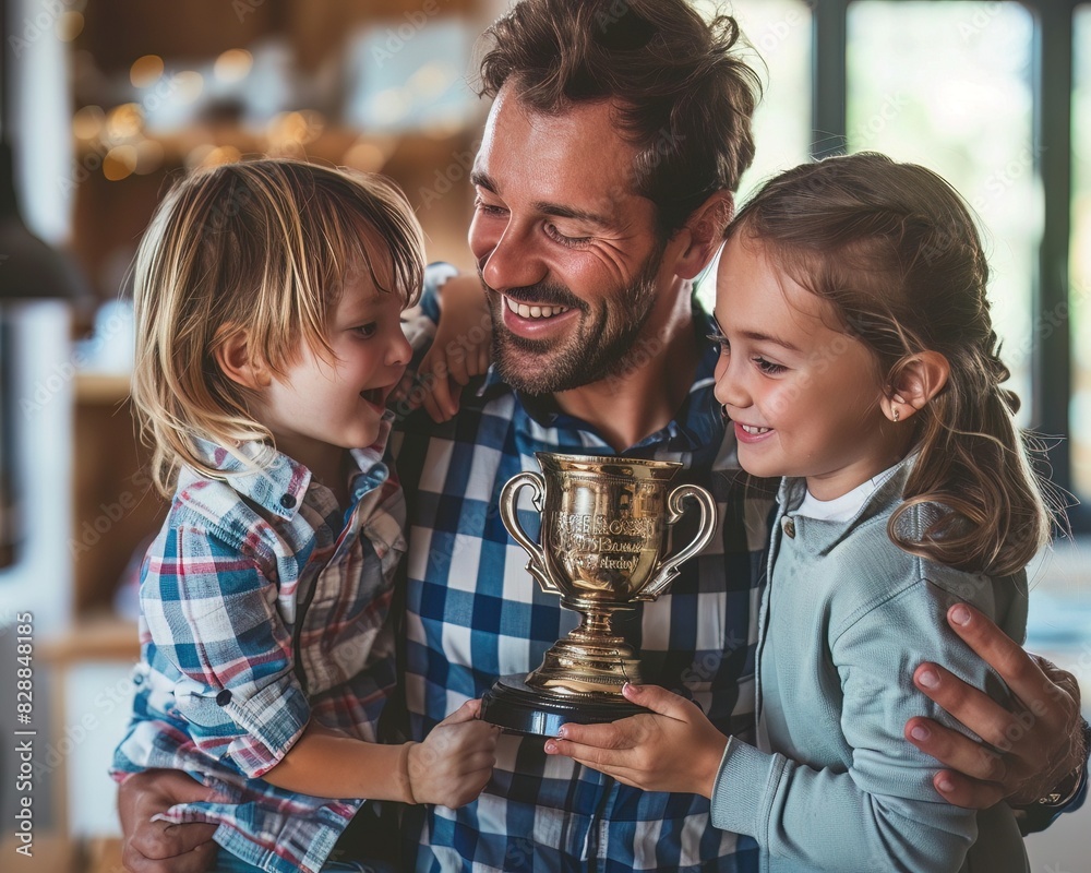 Children surprising their father with a DIY trophy labeled World s Best ...