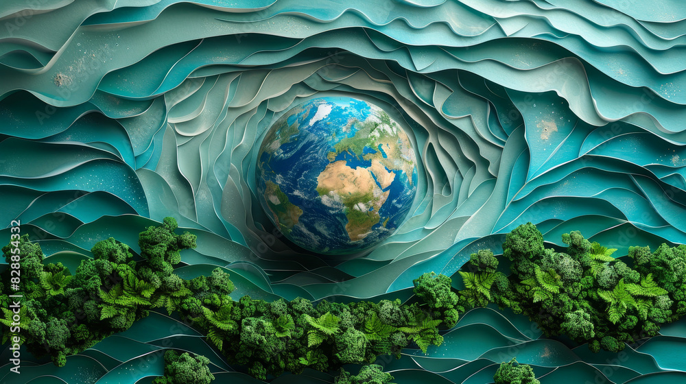Intricate paper art depicts Earth surrounded by waves and lush greenery ...