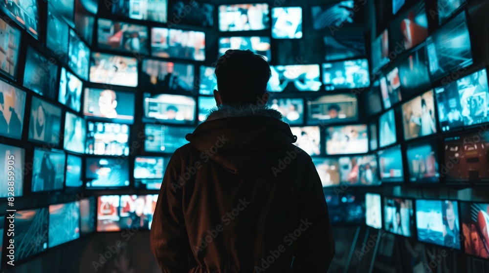 Man surrounded by multiple TV screens, video wall showcasing variety of ...