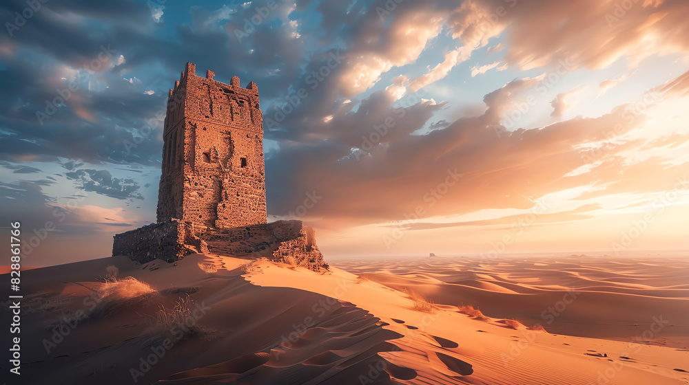 Ancient stone watchtower overlooking a vast desert landscape, with sand ...