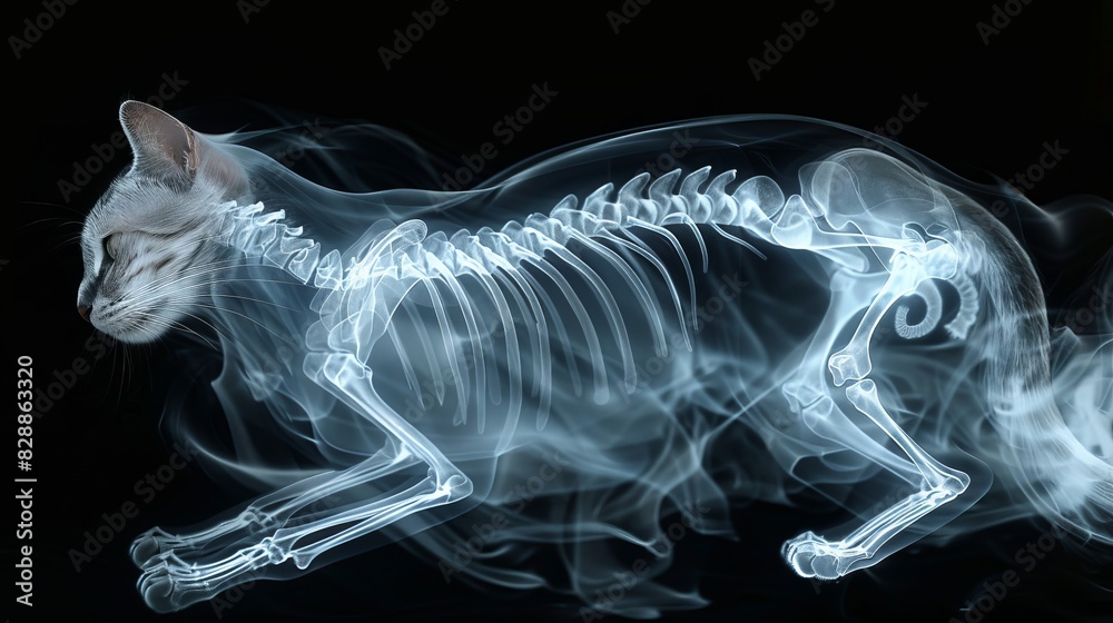 X-ray film of cat lateral view closed up in head and half body ...