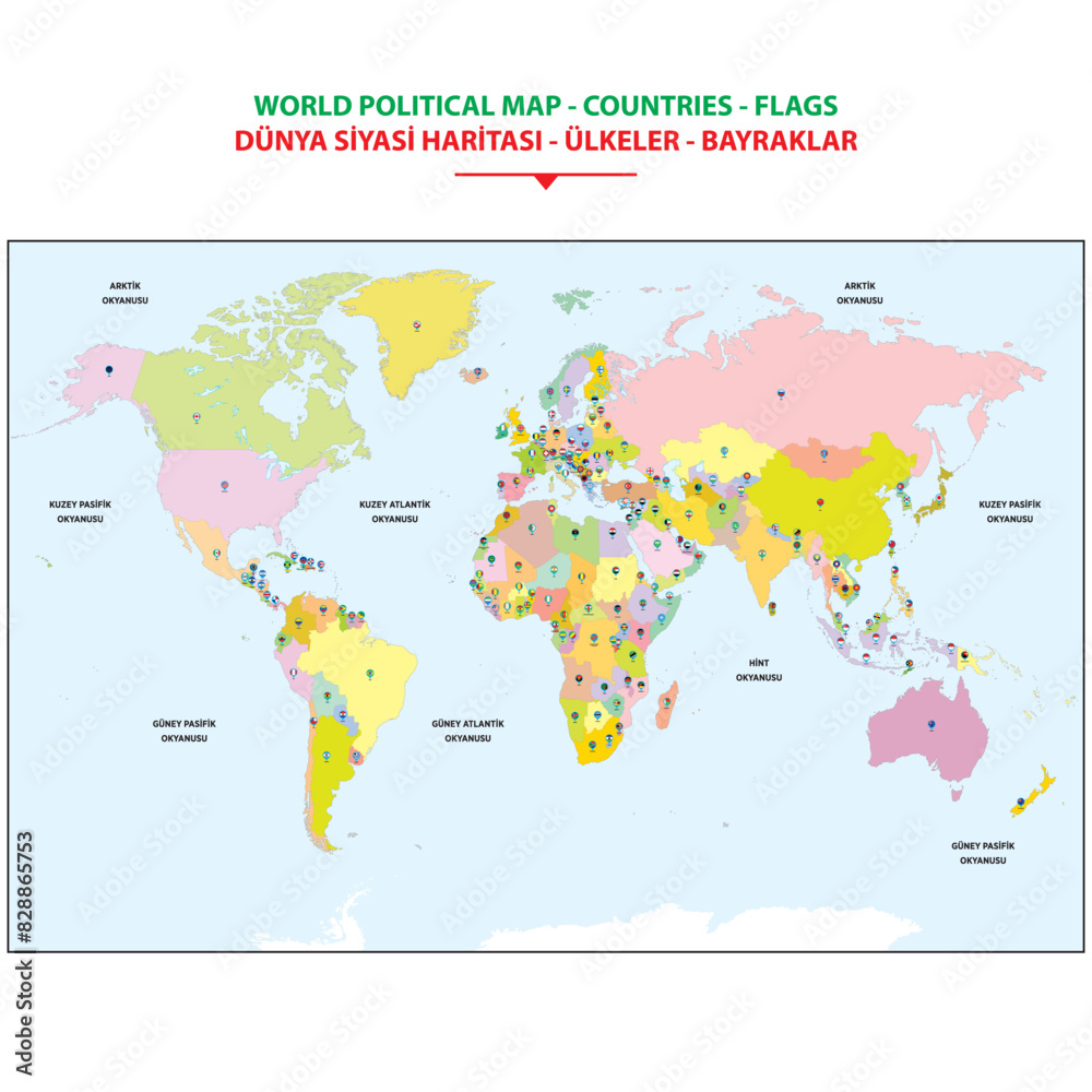 Color world map with the names of countries and national flags ...