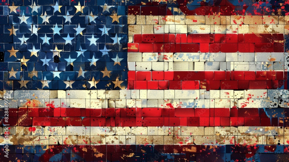 Pixel art of the American flag as a mosaic of red, blue, and white ...