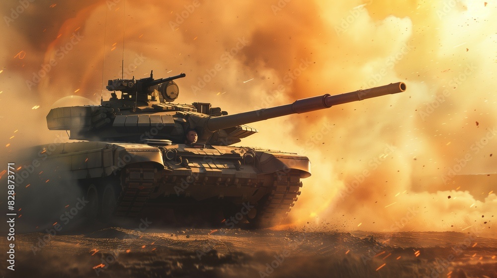 Modern main battle tank firing on the battlefield Stock Illustration ...