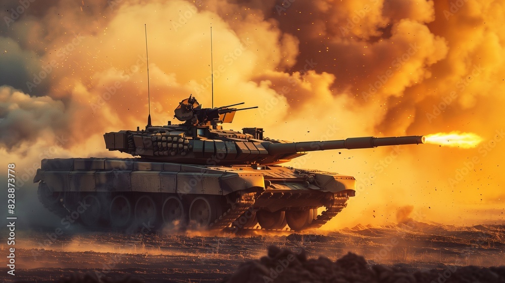Modern main battle tank firing on the battlefield Stock Illustration ...