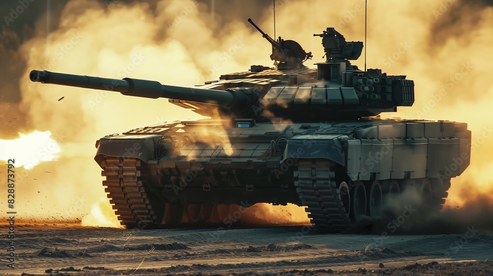 Modern main battle tank firing on the battlefield Stock Illustration ...