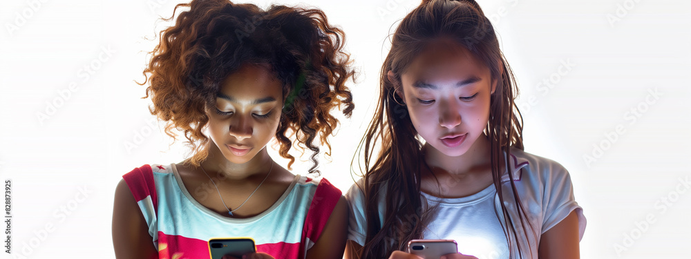 Two carefree high school girls, one Asian, one Afro-American, their ...