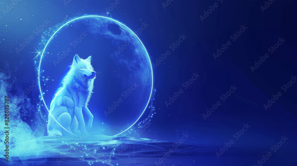 circle with white wolf, surrounded by moonlight and stars, on dark blue ...