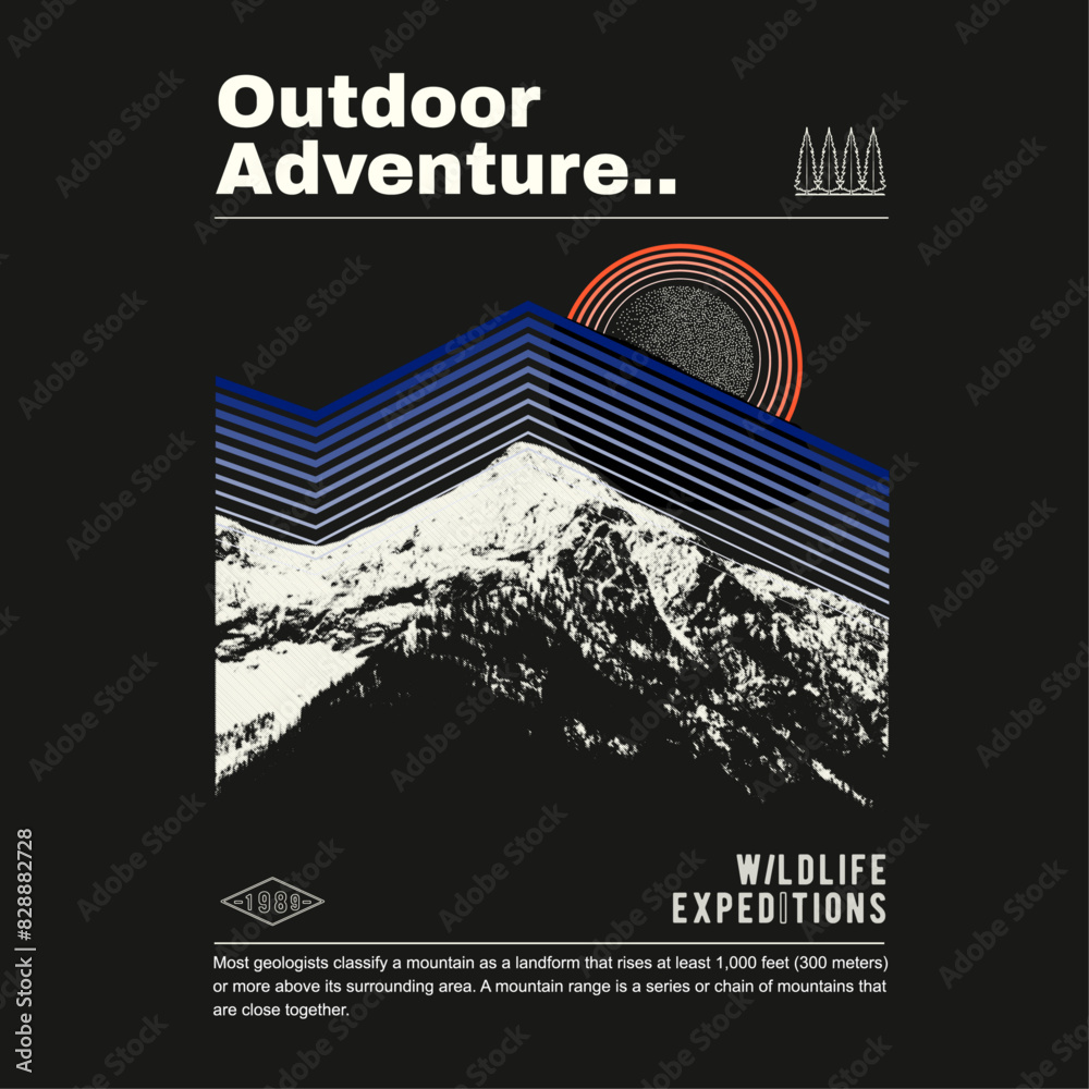 Retro stripe Mountain line outdoor adventure print, wildlife ...
