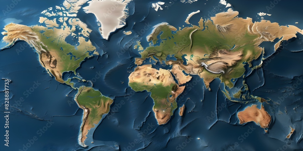 Detailed 3D world map with exaggerated topographic relief and country ...