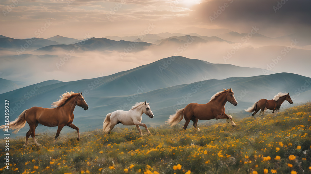Nature landscape with wild horses. Wild horses in nature landscape ...