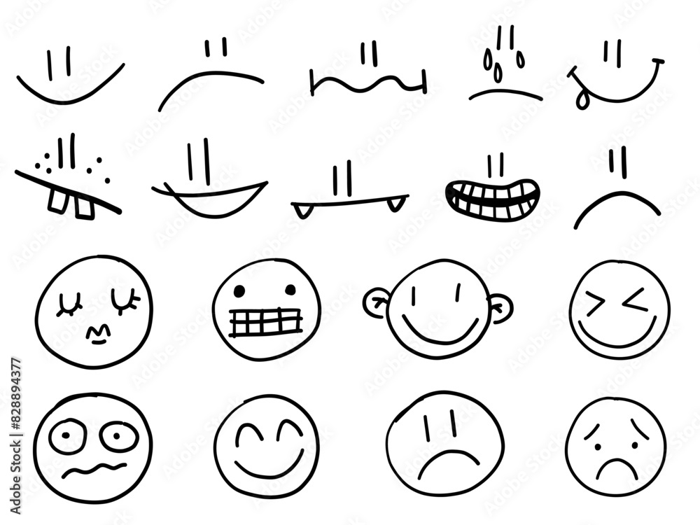 Cute emotion smiles faces hand drawn doodle winking crying happy sad ...