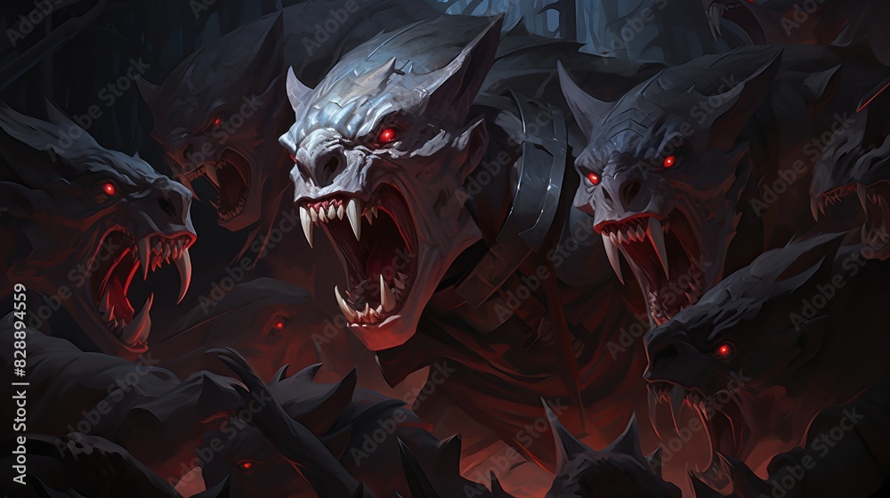 Digital artwork depicting menacing werewolves with red eyes, fangs ...