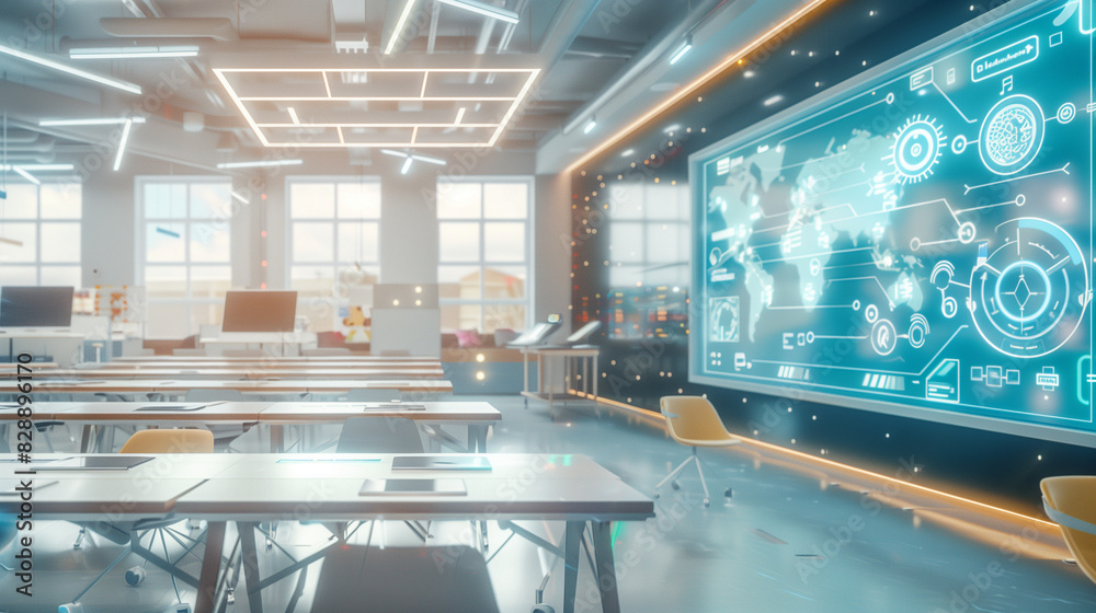 In a modern, futuristic classroom, interactive digital whiteboards and ...