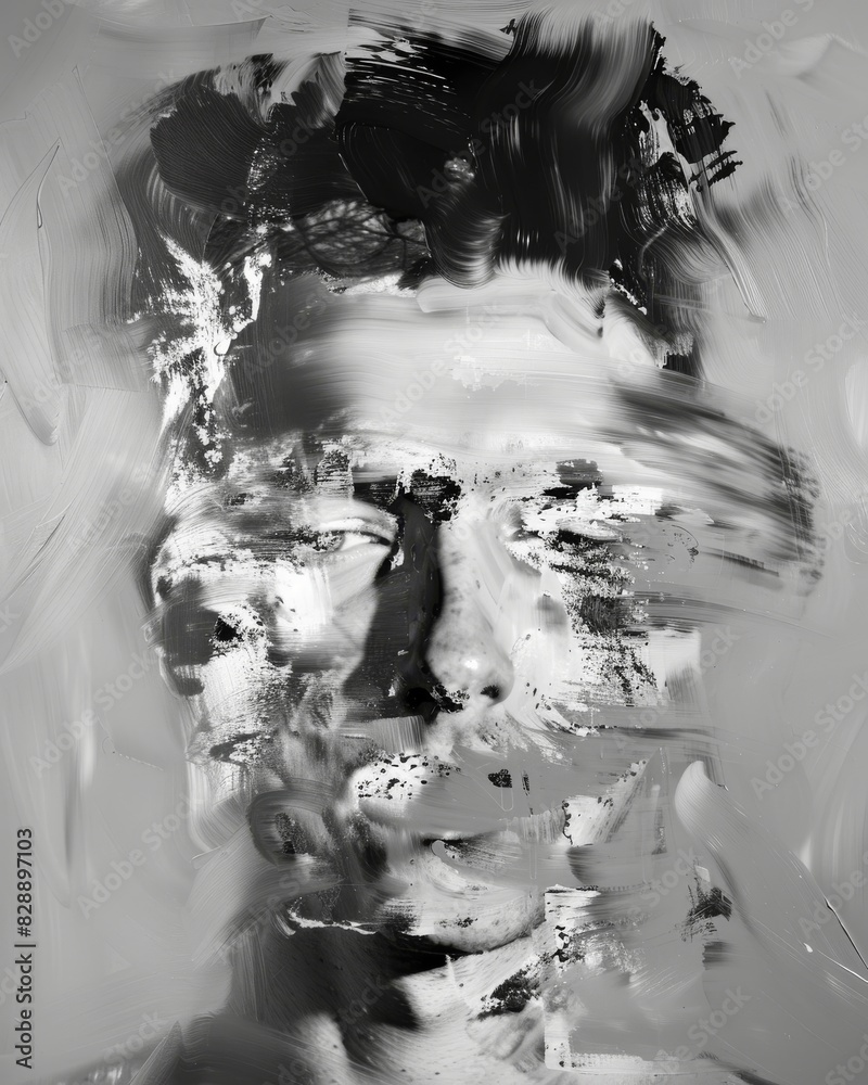 Abstract black and white portrait with blurred and distorted facial ...