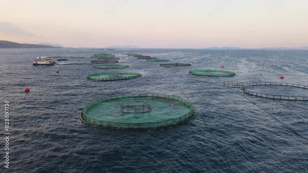 Offshore aquaculture in floating fish farming cages of fish farm in sea ...