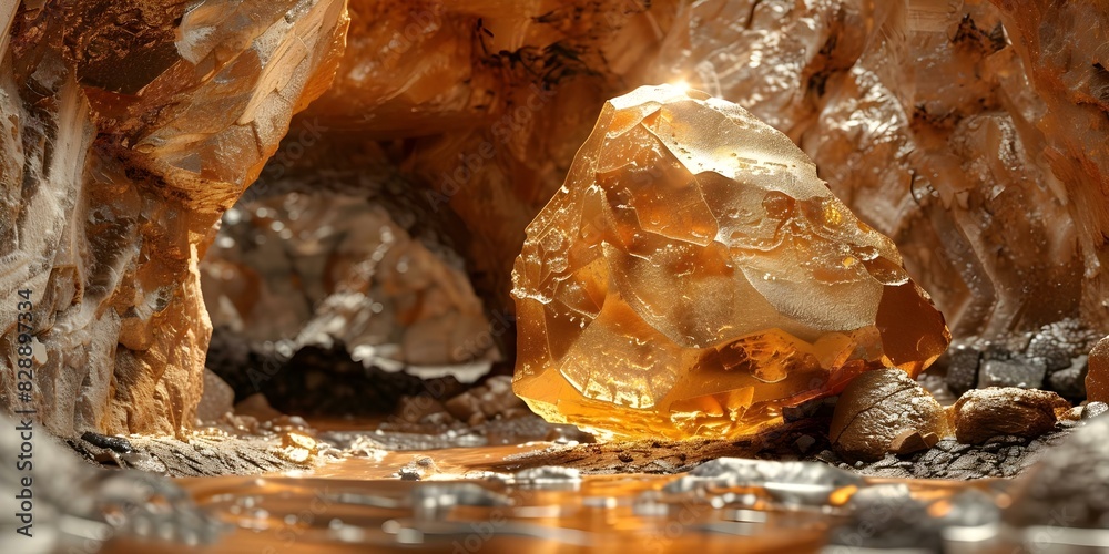 Detailed image of a large pure gold ore nugget in a mine. Concept Gold ...